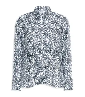 Max Mara Silk Monogram Print Blouse With Front Tie - Navy