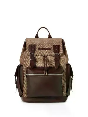 Brunello Cucinelli Burnished Calfskin And Chevron-effect Techno Fabric Backpack