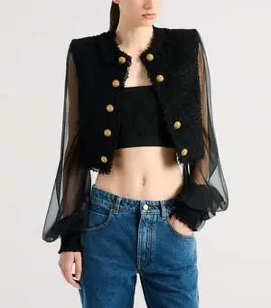 Balmain Tweed And Muslin Cropped Blouse