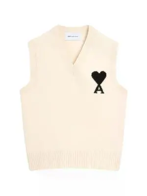 AMI Paris Sleeveless Wool V-neck Sweater With De Coeur Emblem - Neutrals