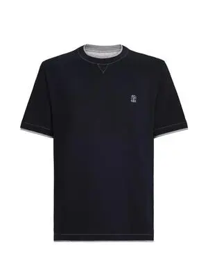 Brunello Cucinelli Logo-embroidered Contrast-trim T-shirt - Blue