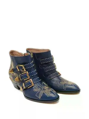 Chloé Susanna Ankle Boots With Gold-tone Studs And Buckles - Blue