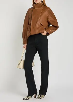 Nour Hammour Ariste Panelled Grained Leather Bomber Jacket - Brown