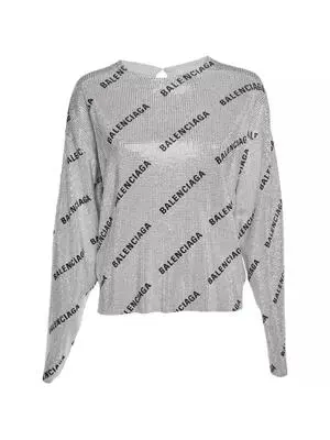 Balenciaga Logo Rhinestone Embellished Wool Sweater - Grey