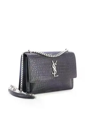 Saint Laurent Sunset Croc Effect Medium Crossbody Bag - Black