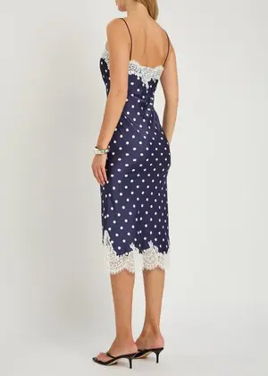 SELF-PORTRAIT Polka Dot Lace-trim Satin Midi Dress
