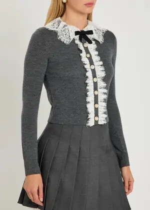 SELF-PORTRAIT Lace-trimmed Wool Cardigan With Detachable Collar