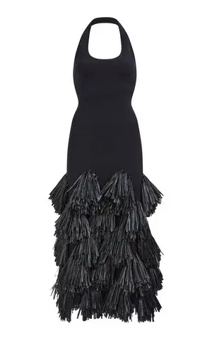 Aje Elva Raffia Fringe Knit Midi Dress - Black