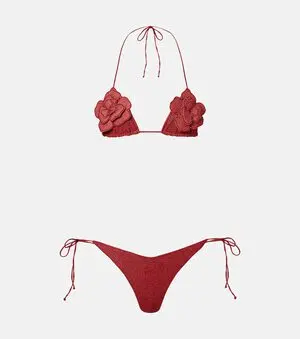 Oseree Lumiere Floral Appliqué Bikini - Red