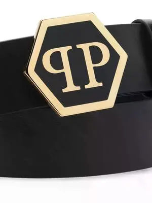 Philipp Plein Leather Belt With Hexagon Logo Buckle - Black