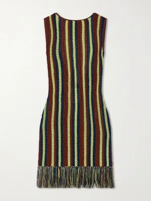 Escvdo Misti Matcha Striped Crocheted Cotton Mini Dress With Fringe Trim - Multi