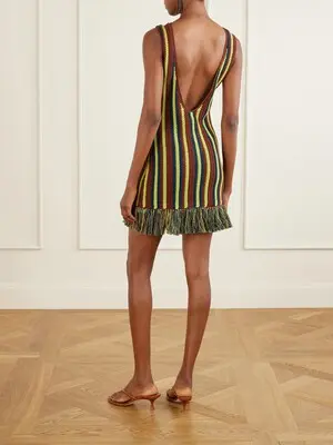 Escvdo Misti Matcha Striped Crocheted Cotton Mini Dress With Fringe Trim - Multi