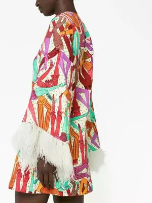 La DoubleJ Feather-trim Graphic Print Cotton Dress