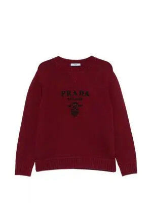Prada Logo Intarsia Ribbed Knit Crew Neck Sweater