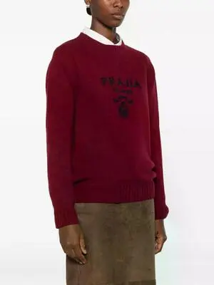 Prada Logo Intarsia Ribbed Knit Crew Neck Sweater