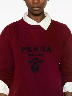 Prada Logo Intarsia Ribbed Knit Crew Neck Sweater