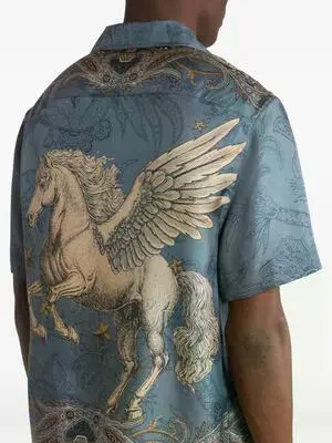 Etro Silk Bowling Shirt With Placed Pegaso-print - Blue