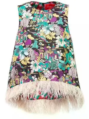 La DoubleJ La Scala Feather-trim Jacquard Top - Black