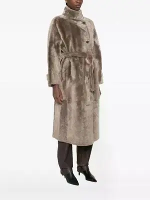 Brunello Cucinelli Belted Shearling Coat - Neutrals
