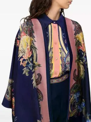 Etro Wool Cape With Placed Floral Paisley Print - Blue