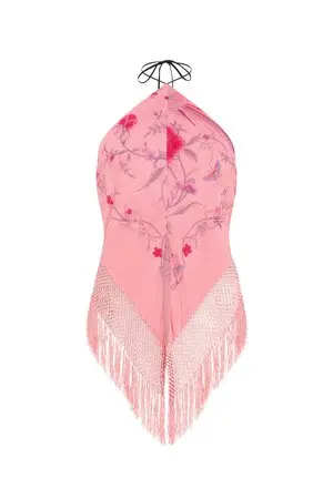 CONNER IVES Silk Piano Shawl Halter Top With Floral Embroidery And Fringe