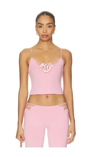 INDAH Ruby Solid Tank Top With Embroidered Rose Kerawang Detail - Pink