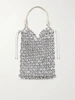Staud Embellished Satin Shoulder Bag With Leather Trim - Silver