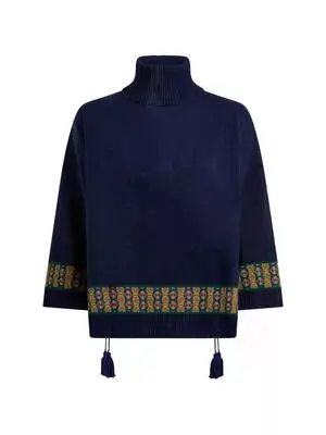 Etro Wool-blend Kimono Sweater With Tassels And Geometric Motif - Blue