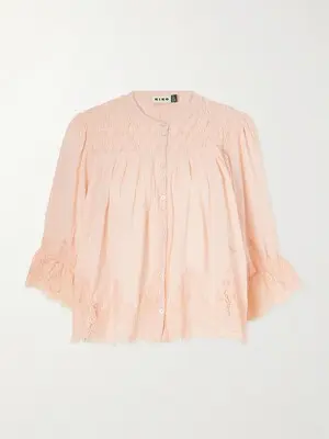 Rixo Erika Shirred Lace-trimmed Cotton-voile Blouse - Orange