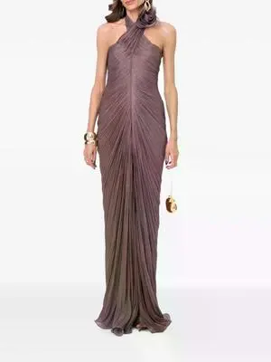 ANA RADU Floral Detail Pleated Maxi Gown - Brown