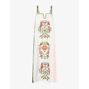 Farm Rio Embroidered Linen-blend Maxi Dress With Beaded Straps