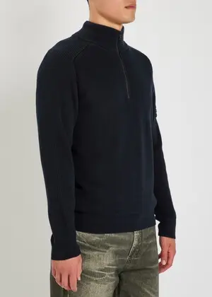 Stone Island Logo-appliquéd Half-zip Ribbed Cotton-knit Jumper - Navy