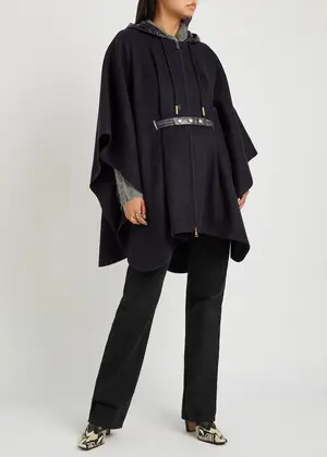 Moncler Hooded Belted Wool-blend Cape Coat - Navy