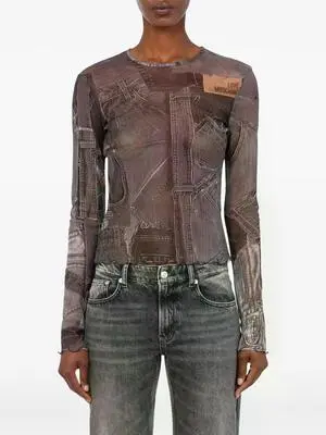 Moschino All-over Denim Print Mesh Long-sleeve T-shirt
