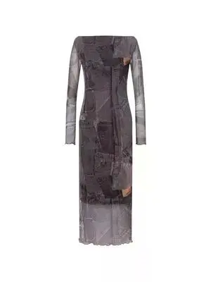 Moschino Printed Mesh Long Sleeve Maxi Dress - Grey