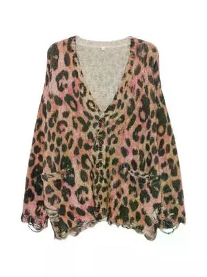 R13 Leopard Print Distressed Cardigan - Black