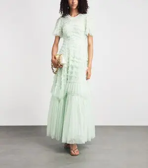 NEEDLE & THREAD Ruffled Tulle Maxi Dress - Blue