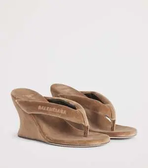 Balenciaga Velvet Wedge Thong Sandals - Brown