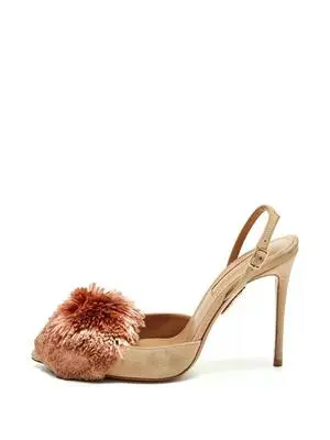 AQUAZZURA Powder Puff Slingback Pumps In Suede With Oversized Pom-pom Detailing - Neutrals