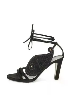 Hermès Embroidered Paisley Ankle-tie Sandals - Black