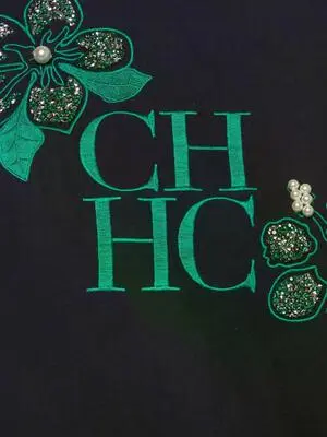 Carolina Herrera Navy Floral-print Embroidered Logo T-shirt - Blue