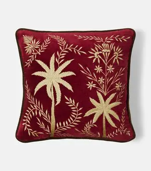LES-OTTOMANS Embroide Cotton Velvet Cushion - Red