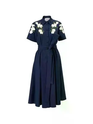 Carolina Herrera Floral-embroidered Belted Midi Shirt Dress - Blue