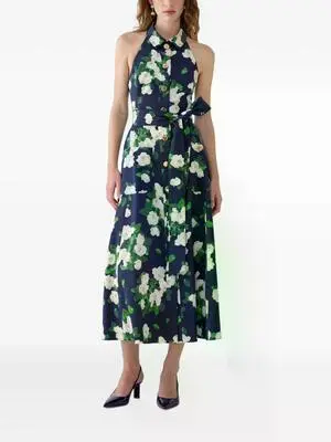 Carolina Herrera Navy Rose Print Halterneck Maxi Dress - Blue