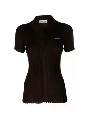 Miu Miu Ribbed Knit Polo Shirt With Ruffle Detailing