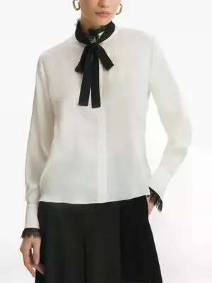 FRAMBOISE Lace-trimmed Pussy-bow Blouse - Neutrals