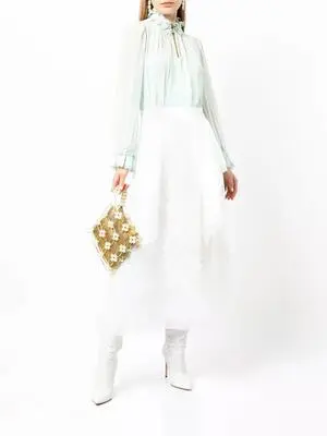 Shiatzy Chen Mulberry Silk Frilled High Neck Blouse - Blue