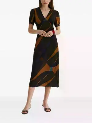 FRAMBOISE Abstract Print Puff Sleeve Midi Dress - Black