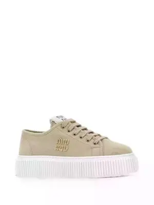 Miu Miu Logo Embroidered Flatform Sneakers - Neutrals