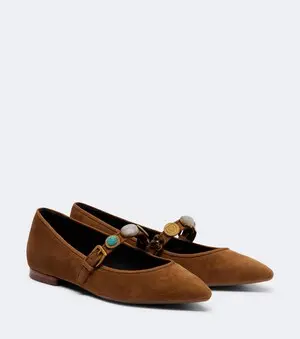 Veronica Beard Embellished Suede Mary Jane Flats - Brown
